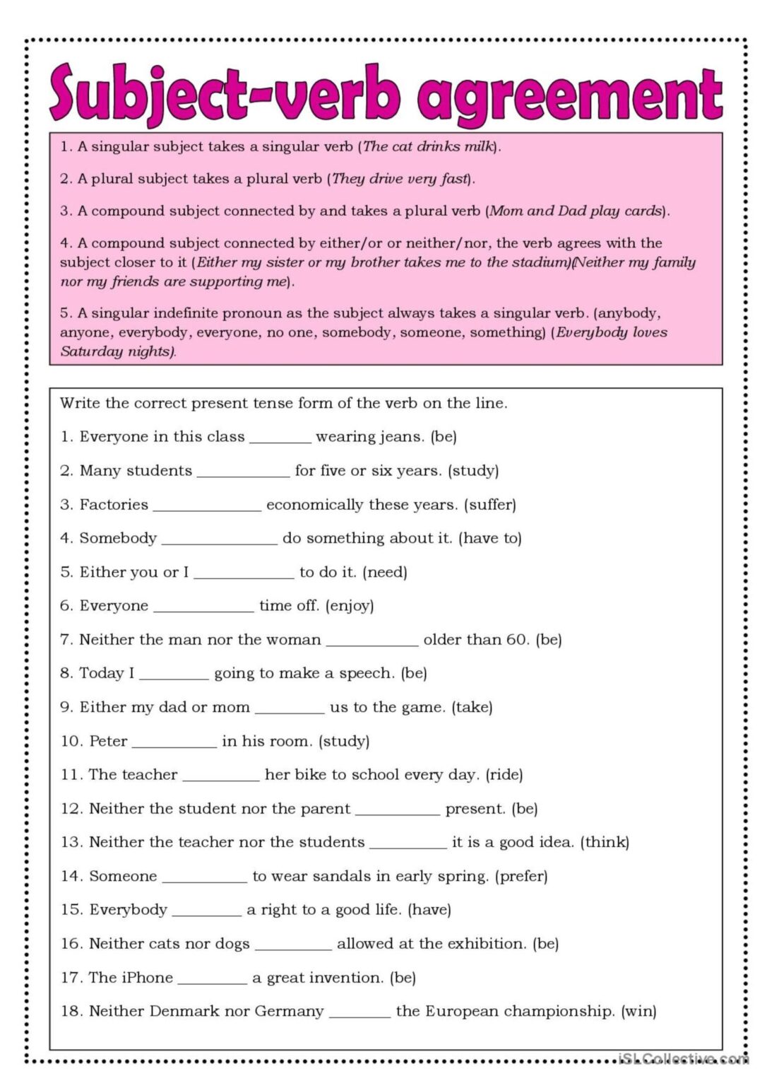 Subject And Verb Agreement Worksheet - Printable Coloring Free