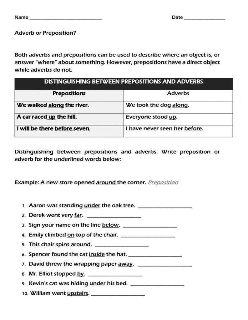 Preposition Worksheet With Answers - Printable Coloring Free