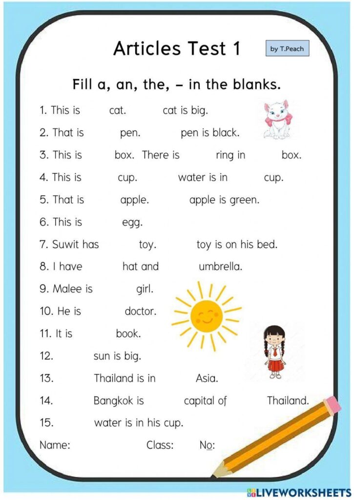 Articles Worksheet For Class 4 - Printable Coloring Free