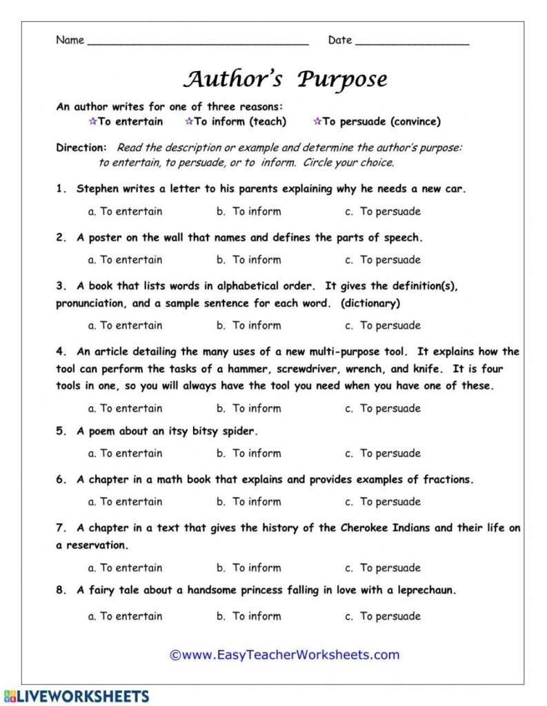 Author’s Purpose Worksheet - Printable Coloring Free