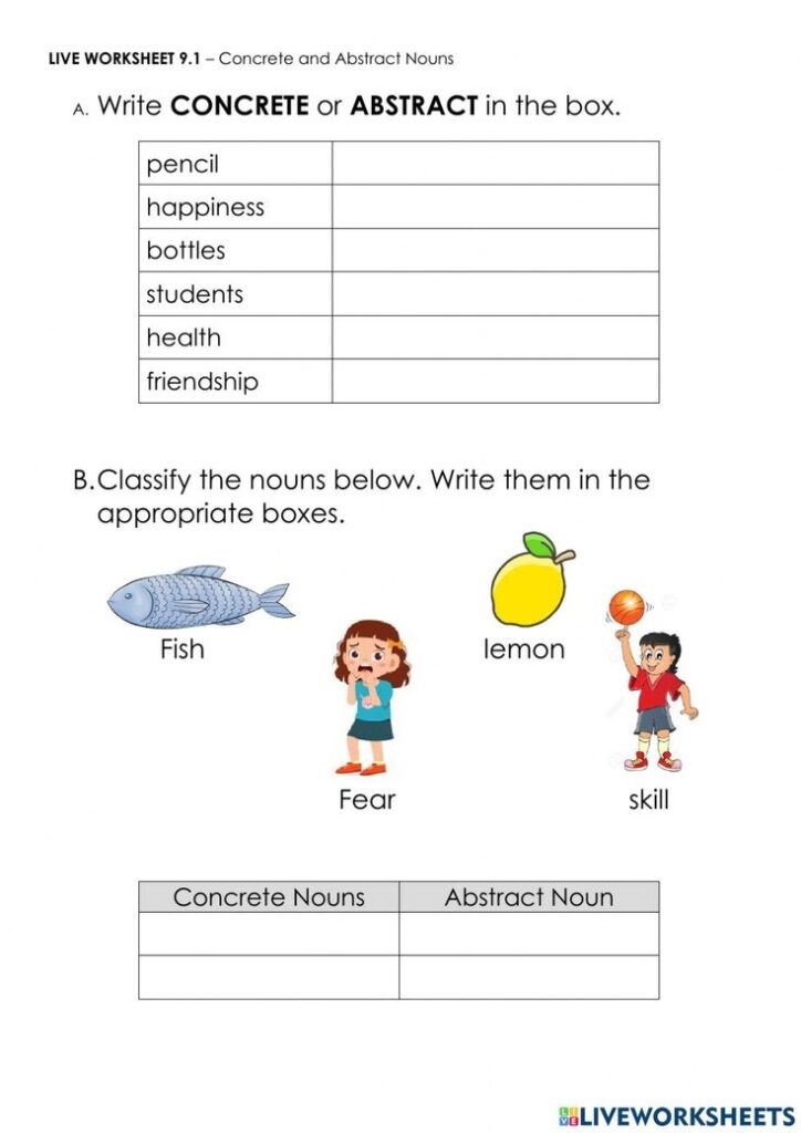 Abstract Noun Worksheet - Printable Coloring Free