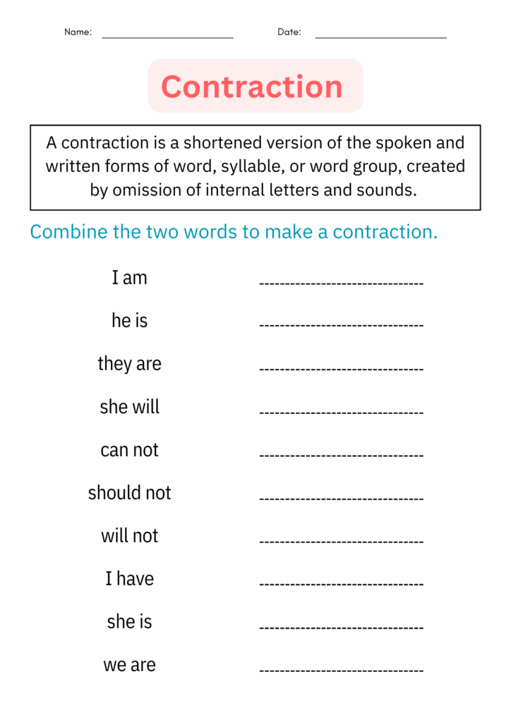 Contractions Worksheet - Printable Coloring Free