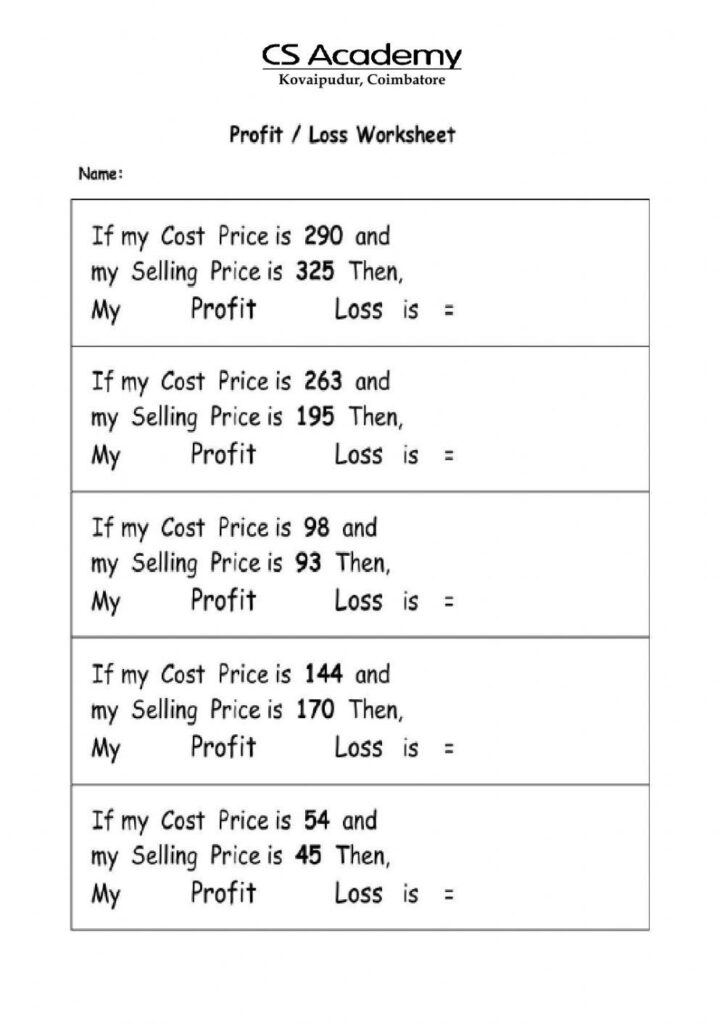 Profit And Loss Worksheet For Class 5 - Printable Coloring Free
